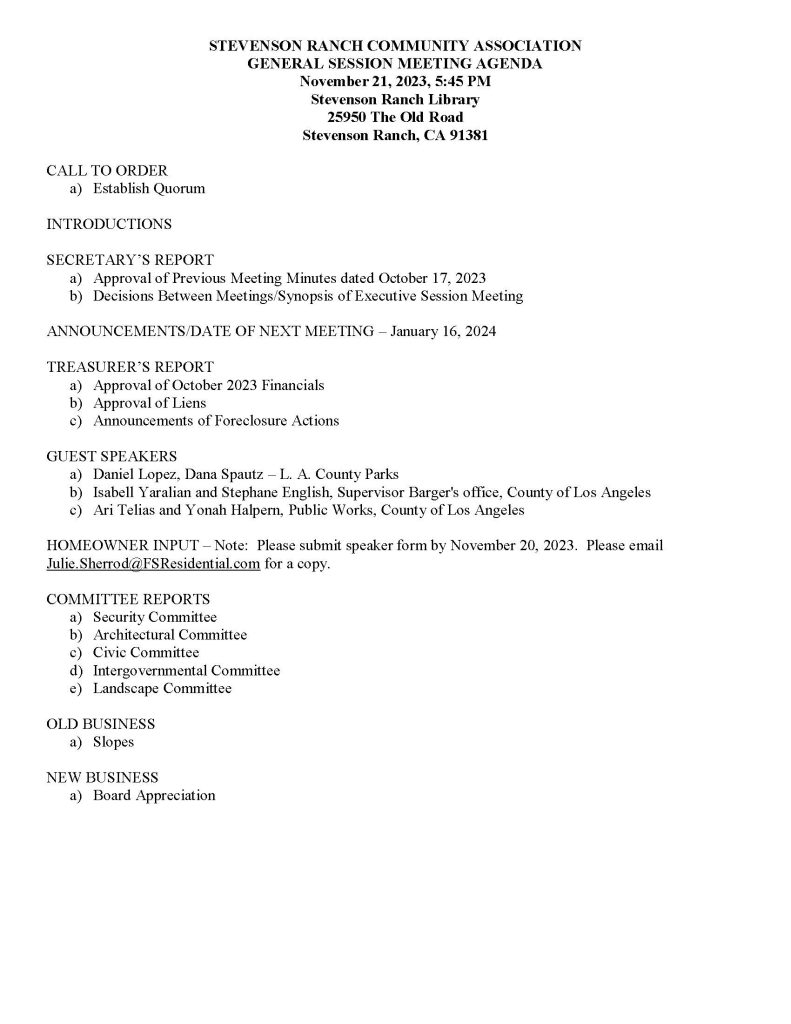 Board Meeting Agenda – Stevenson Ranch