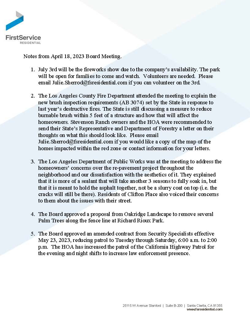 Board Meeting Notes – Stevenson Ranch